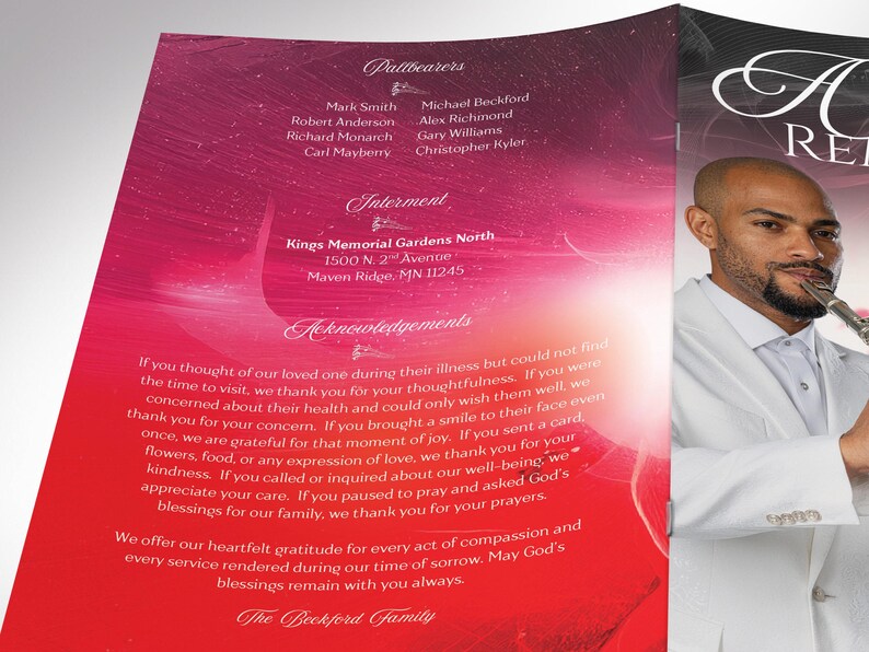 Red Musical Funeral Program Template | Canva: 8-page Bifold Memorial ...