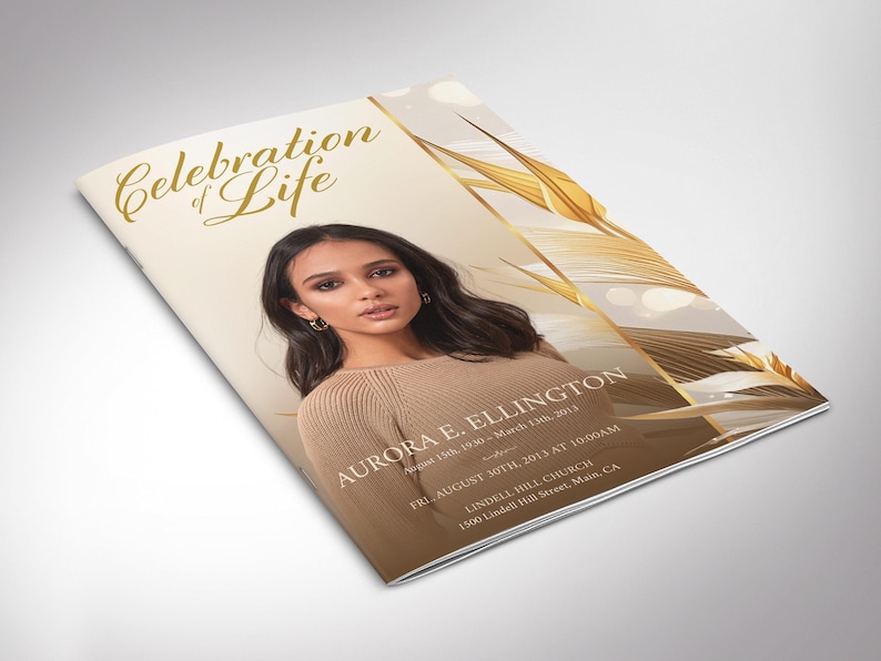 Beige & Gold Funeral Program Template | Canva: Floral 8-page Bifold ...