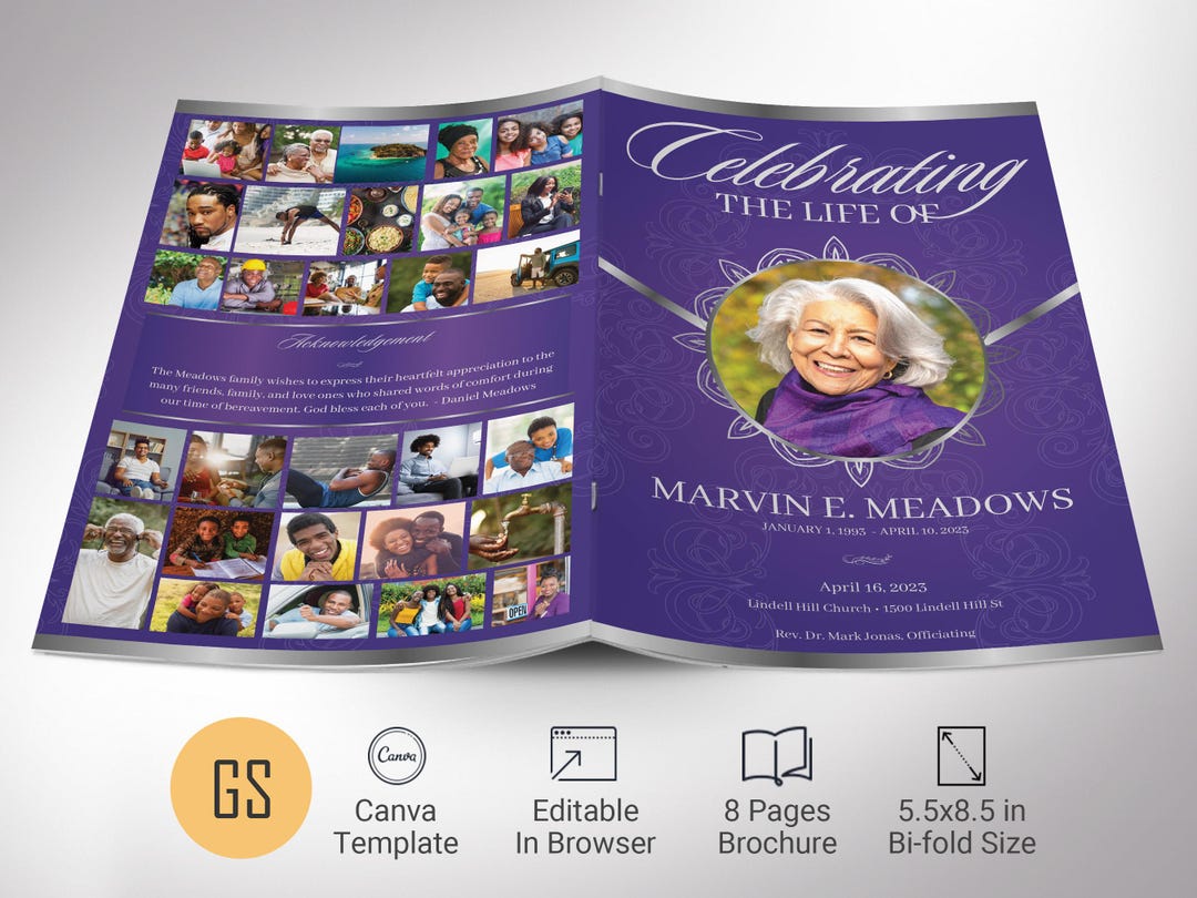 Purple & Silver Funeral Program Template: Celebration of Life (canva, 5 ...
