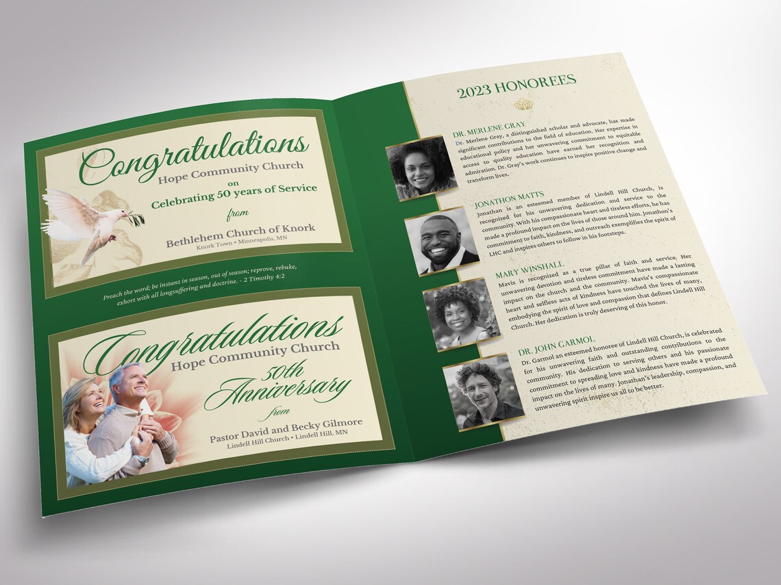 Pastor Anniversary Program Template for Canva: Green & Gold 8-page ...