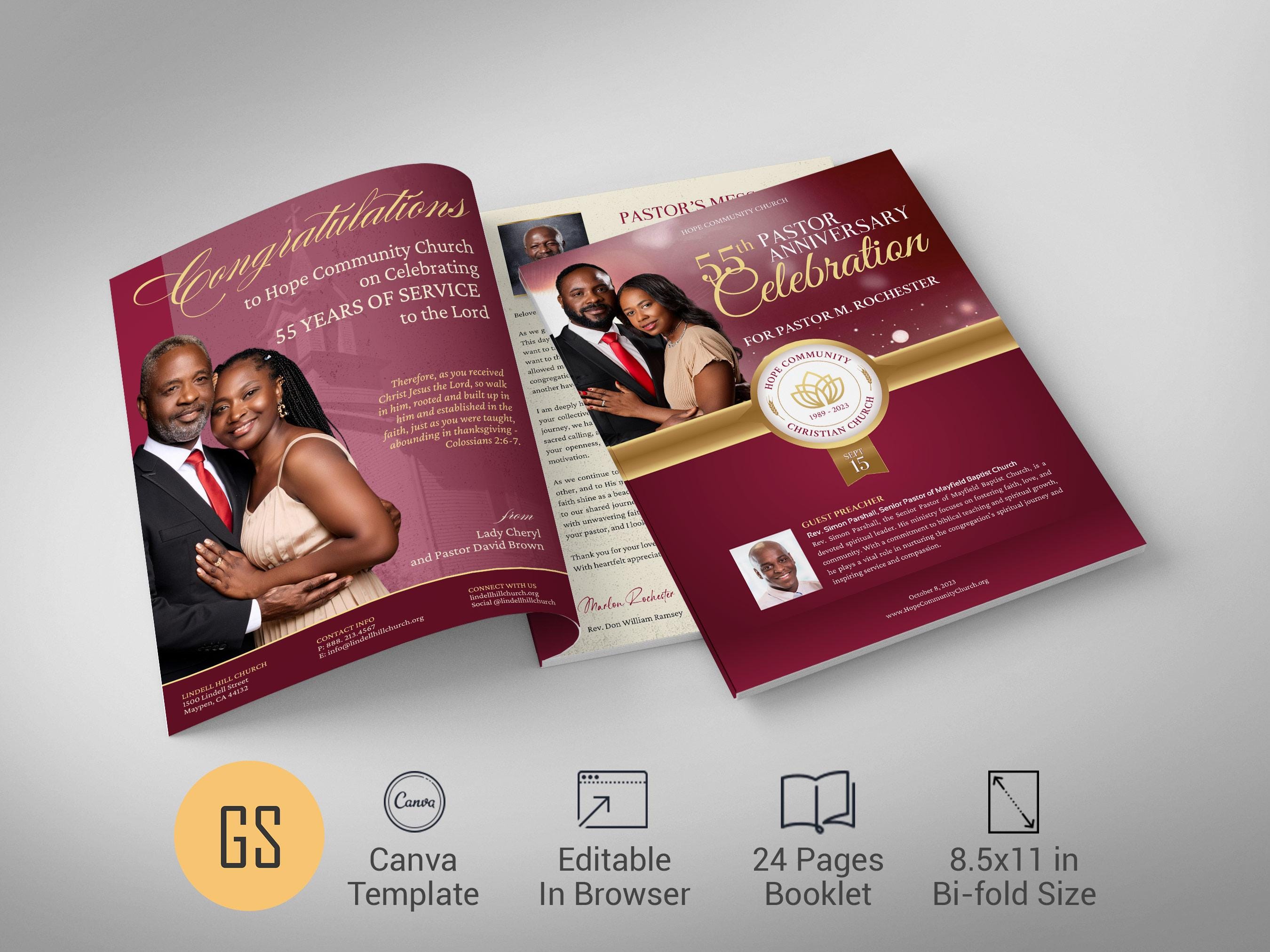 Burgundy & Gold Church Souvenir Book Template | Pastor Anniversary ...