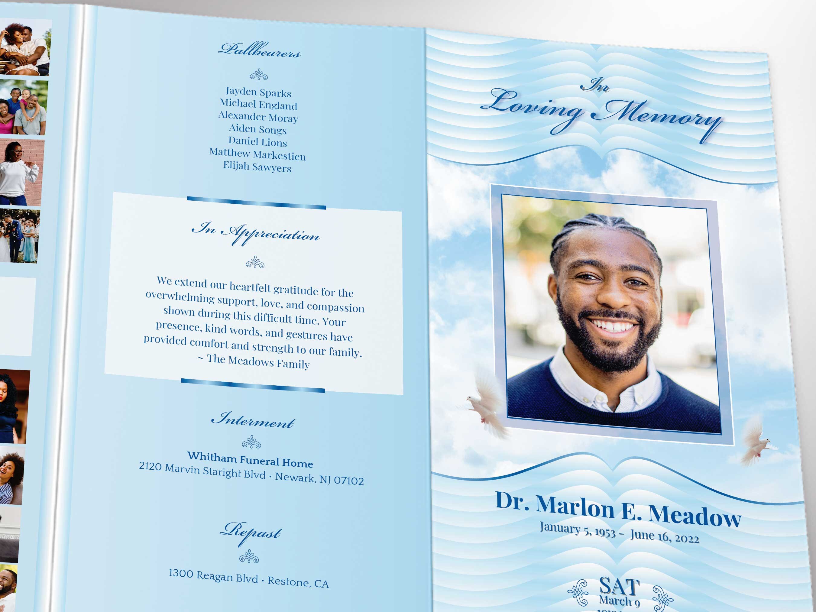 Baby Blue Waves Funeral Program Template | Canva: Tabloid Trifold ...