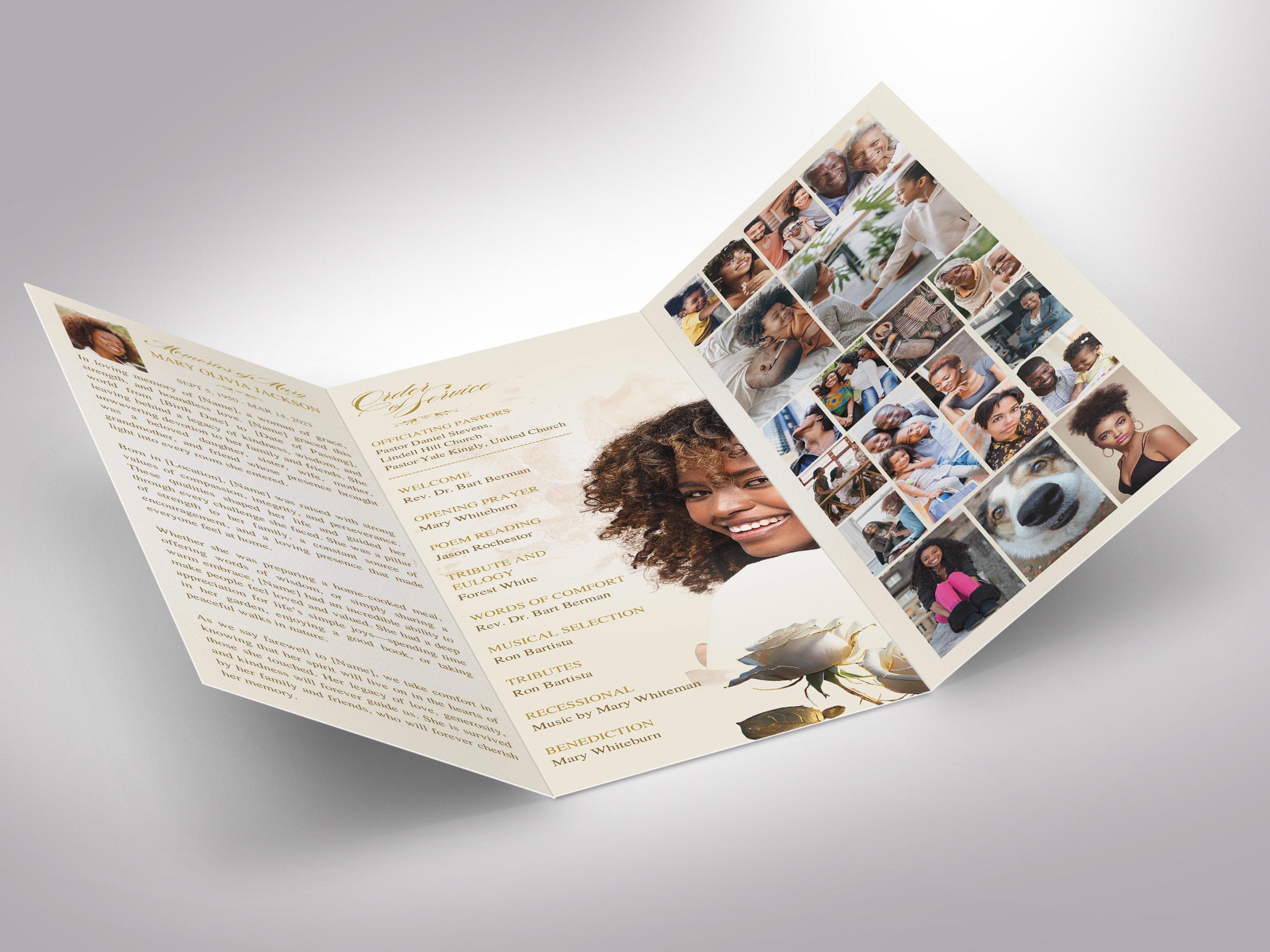Beige Gold Rose Funeral Program Template, Canva Classic 11x8.5 Trifold ...