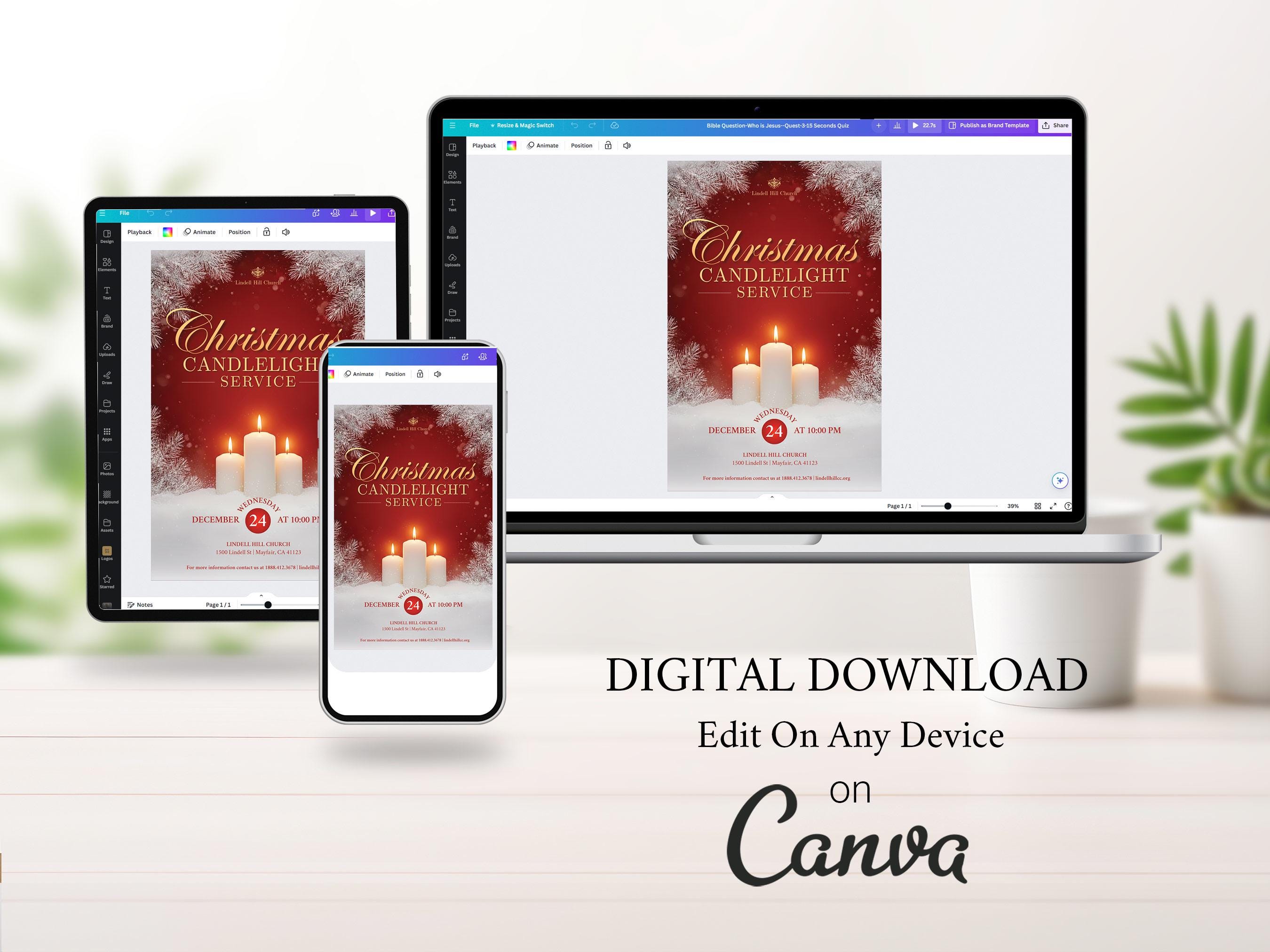 Christmas Candlelight Flyer Template, Church Invitation Canva, 5x7 5 ...