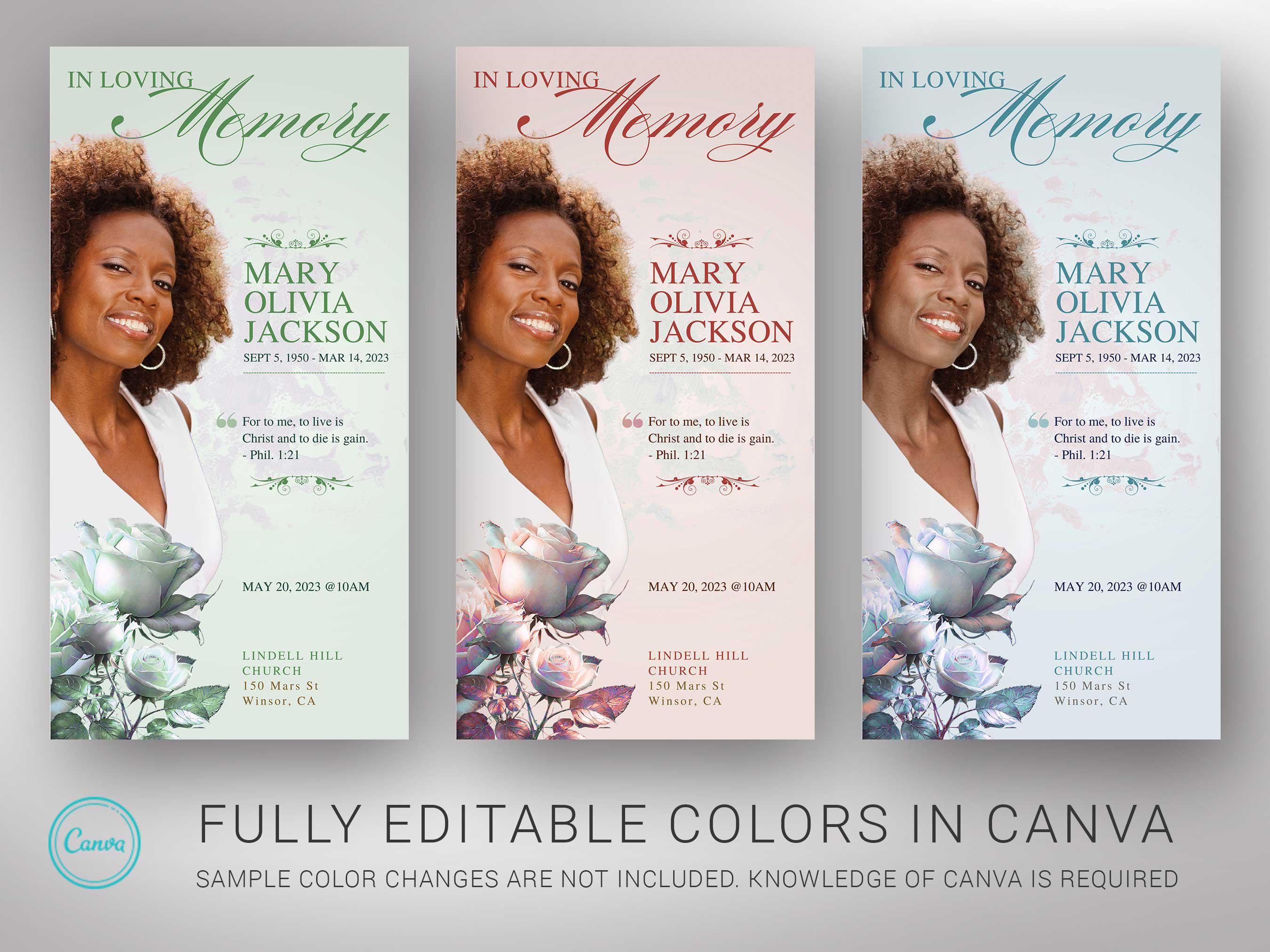 Classic Rose Funeral Program Template for Canva: Pastel Purple Trifold ...