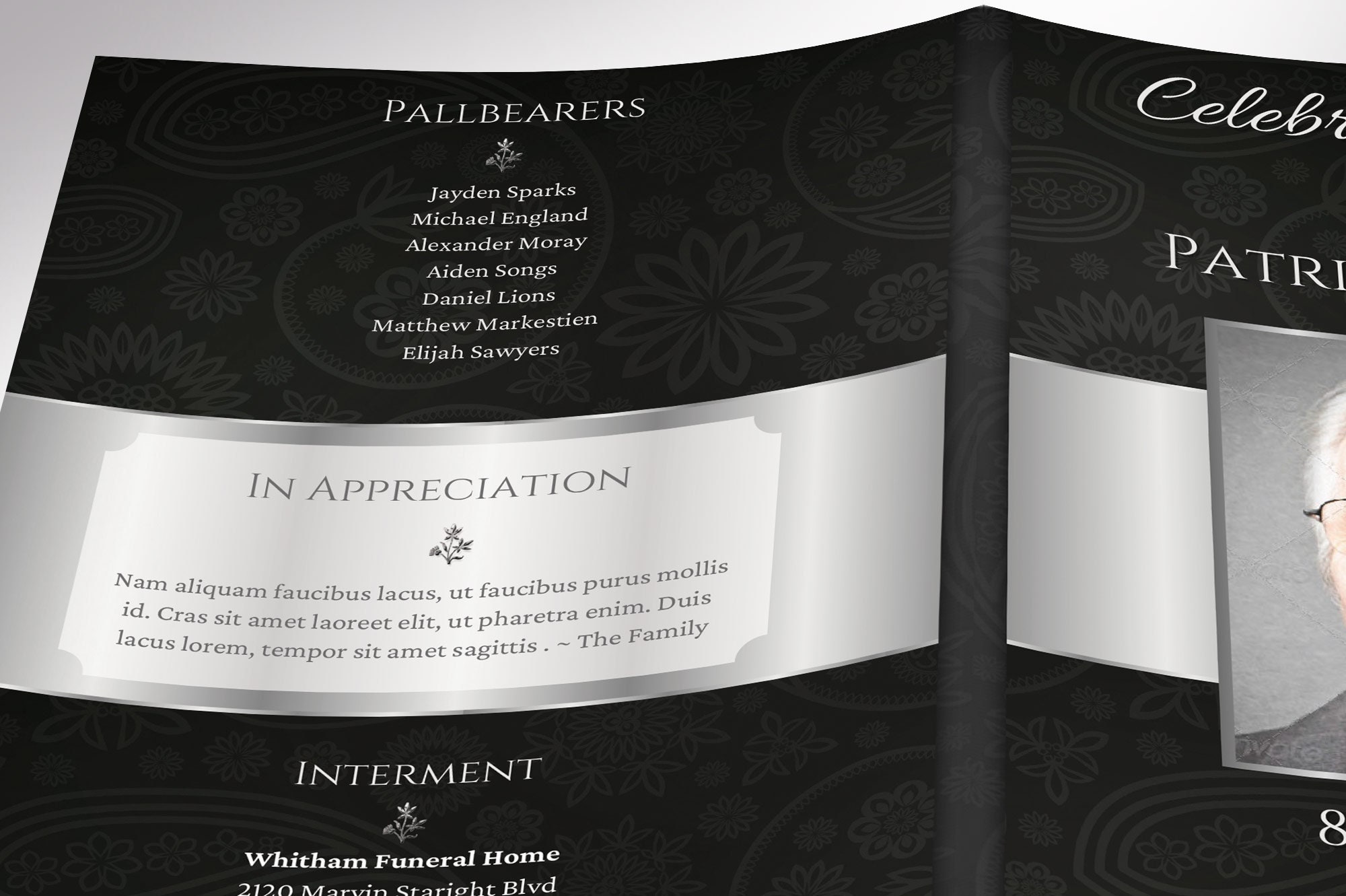 Black Silver Funeral Program Template: Celebration of Life Obituary ...