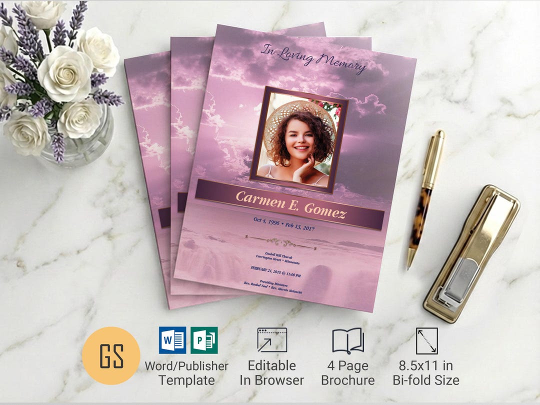 Purple Sunrise Funeral Program Template: 4 Page Bifold Obituary for ...