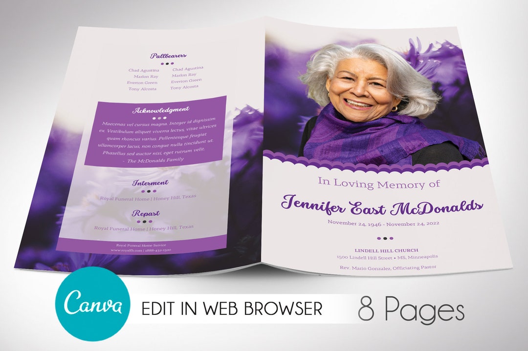 Fresh Purple Funeral Program Template for Canva, in Loving Memory ...
