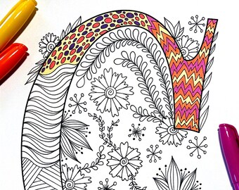 Retro Floral Letter Z Coloring Page Inspired by the Font | Etsy