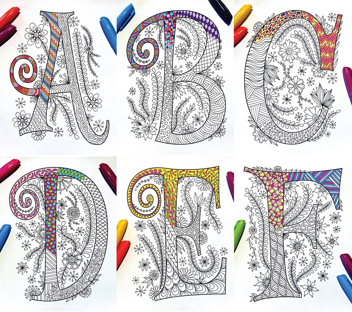 Retro Floral Alphabet 26 Uppercase Letter Coloring Pages - Etsy