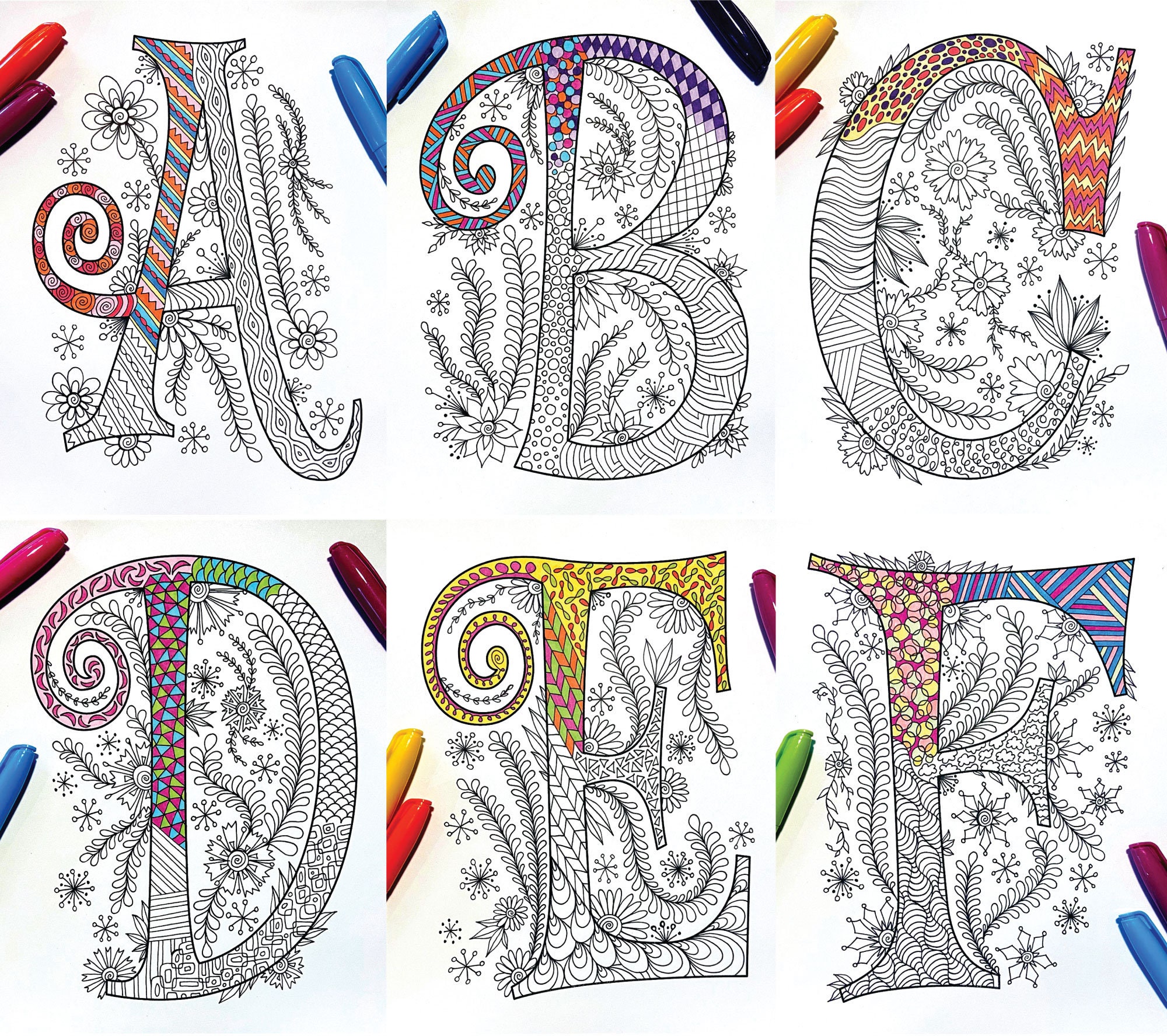 Retro Floral Alphabet 26 Uppercase Letter Coloring Pages - Etsy