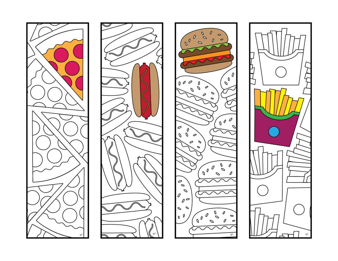 Fast Food Bookmarks PDF Coloring Page Pizza, Hotdog, Burger, Fries ...