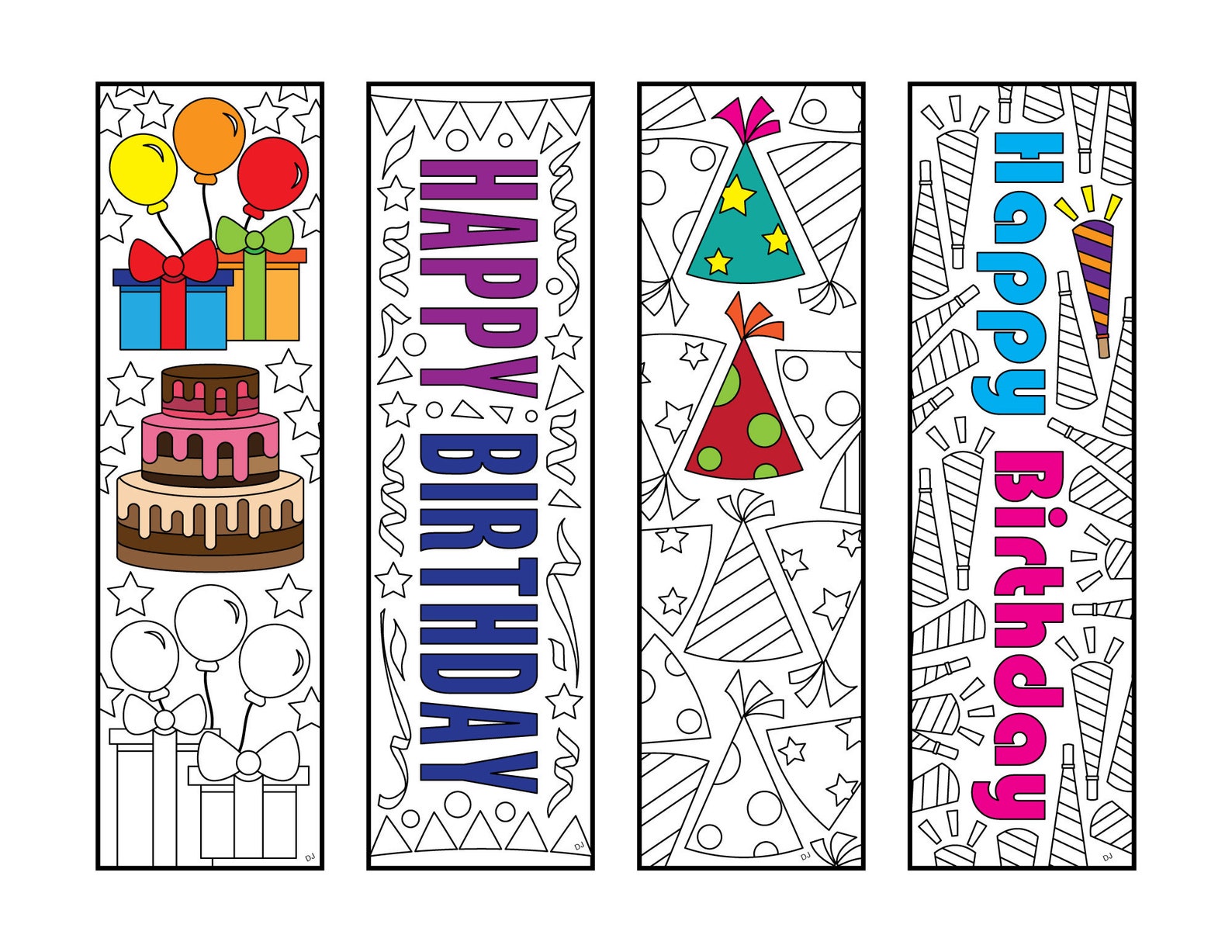 Birthday Party Bookmarks PDF Coloring Page - Etsy