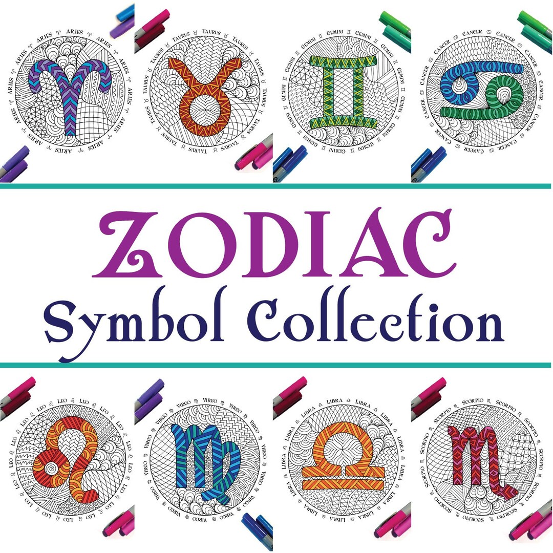 Zodiac Symbol Collection Set of 12 PDF Coloring Pages - Etsy