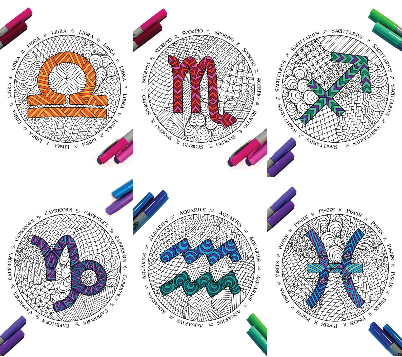 Zodiac Symbol Collection Set of 12 PDF Coloring Pages - Etsy