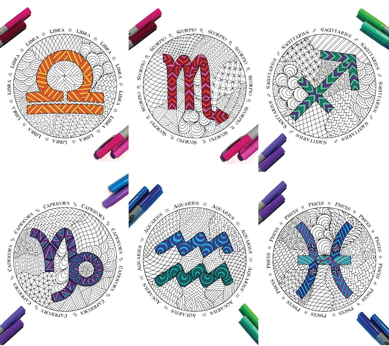 Zodiac Symbol Collection Set of 12 PDF Zentangle Coloring | Etsy