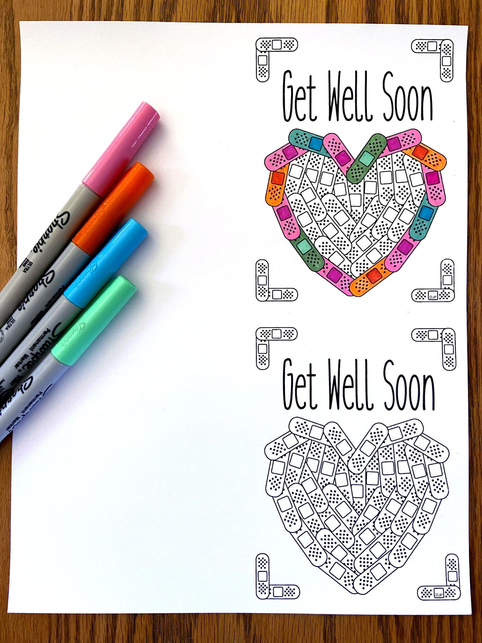 Get Well Soon Card With Bandaid Heart - Printable PDF Coloring Page - Etsy