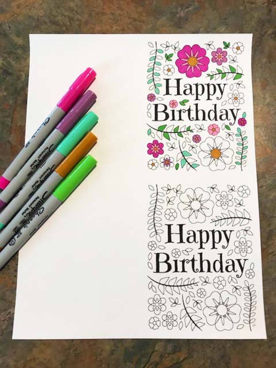 Happy Birthday Card With Flowers and Leaves Printable PDF - Etsy