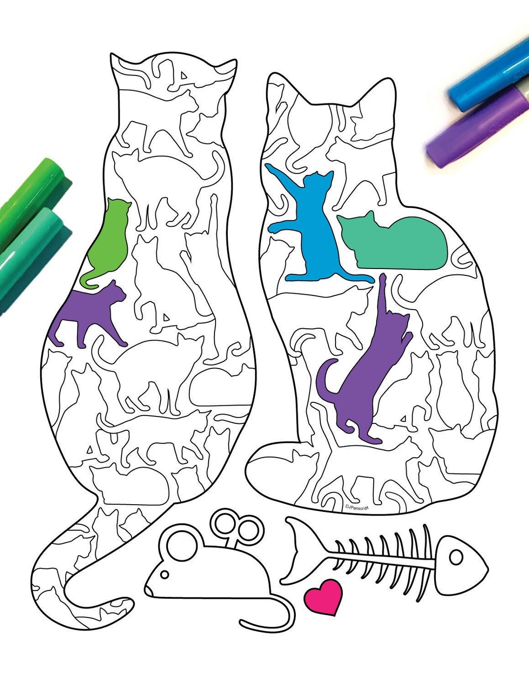 2 Cats PDF Animal Coloring Page - Etsy