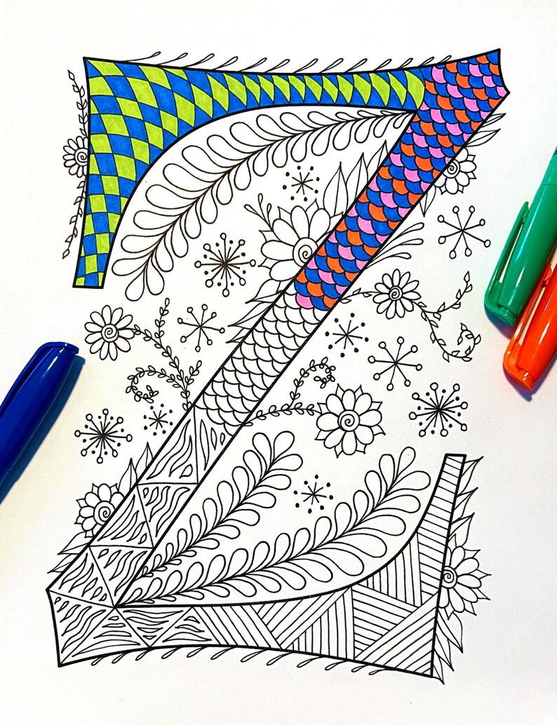 Retro Floral Letter Z Coloring Page Inspired by the Font mystery Quest ...