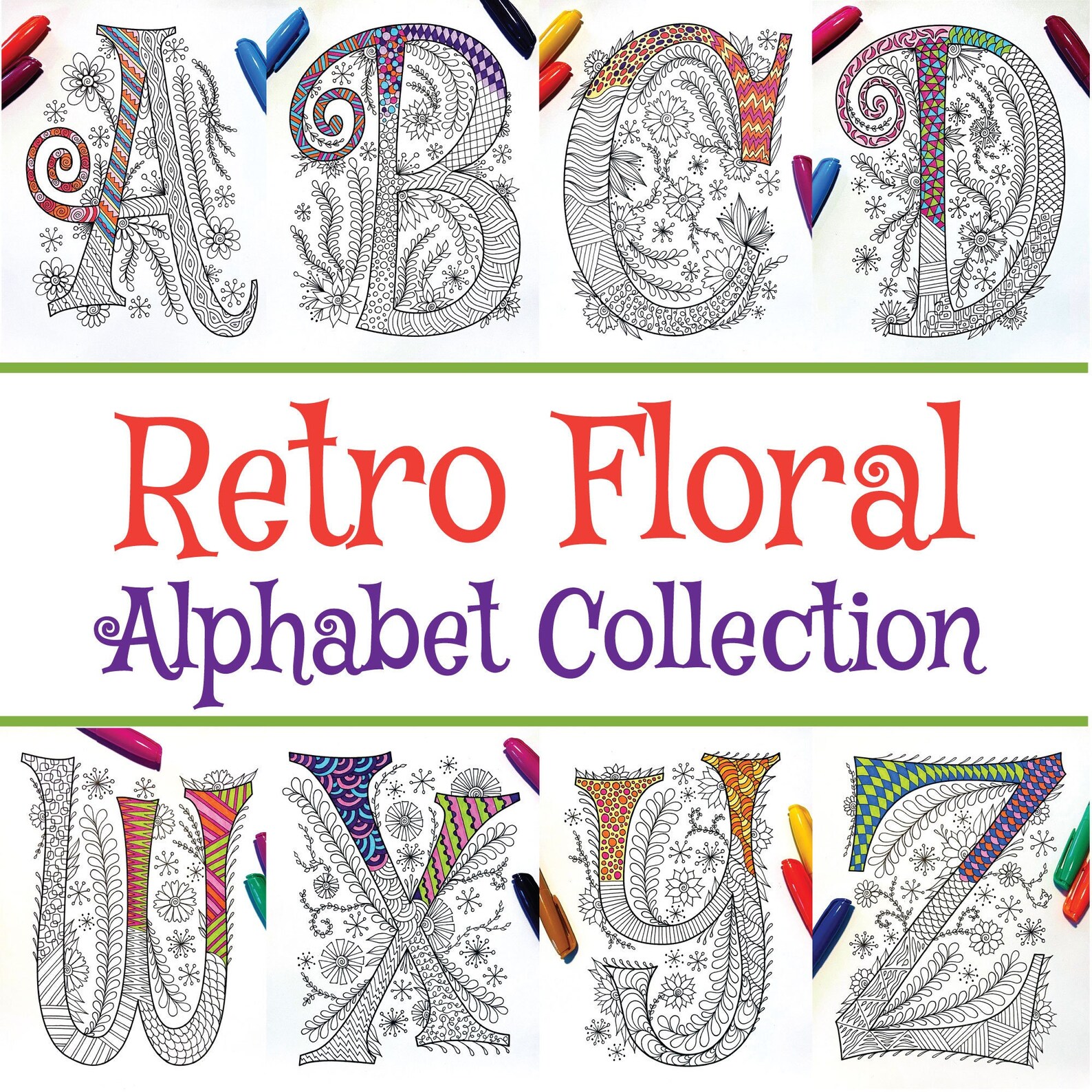 Retro Floral Alphabet - 26 Uppercase Letter Coloring Pages - Inspired ...