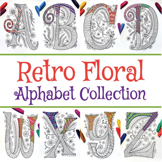 Retro Floral Alphabet 26 Uppercase Letter Coloring Pages | Etsy