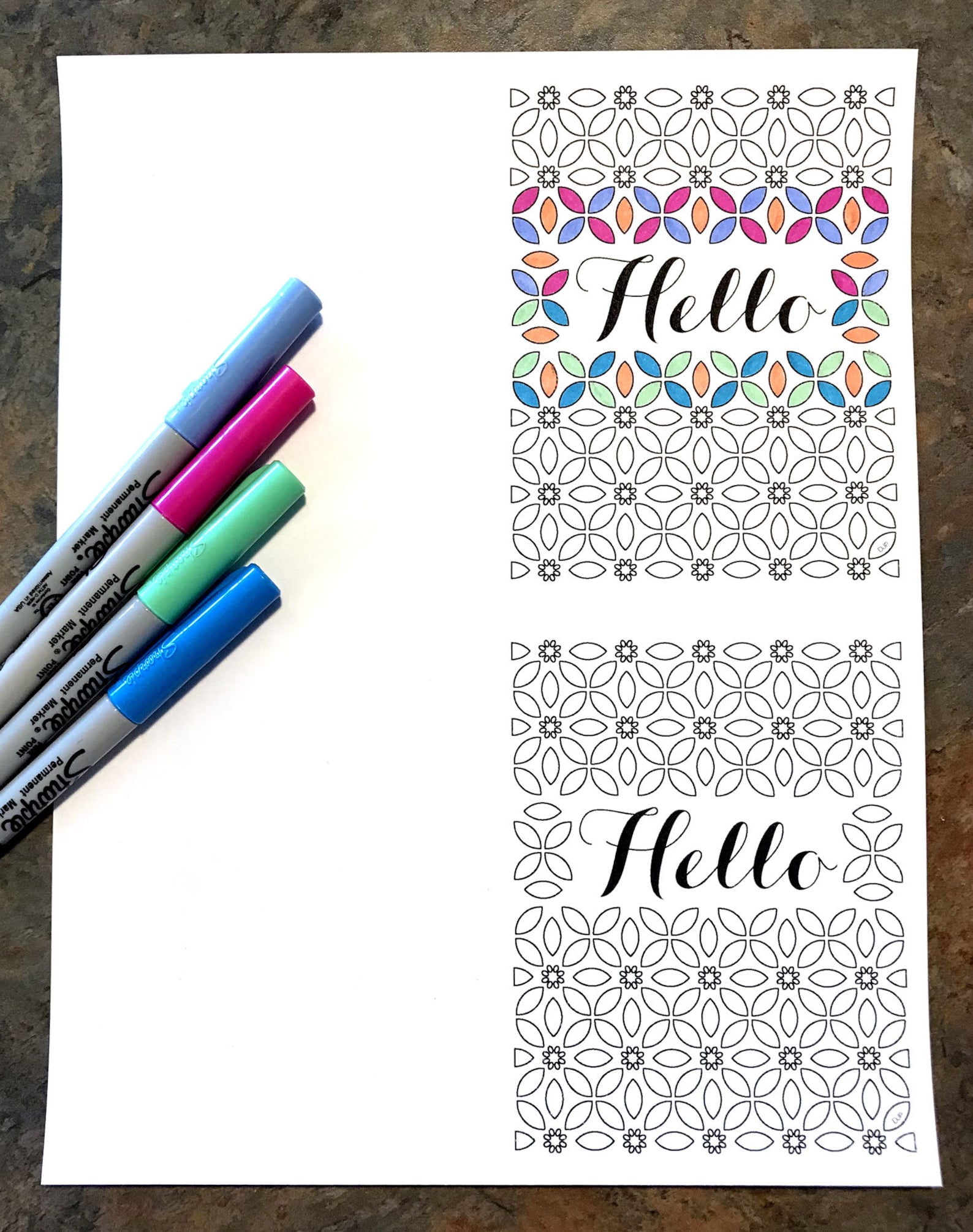 Hello Card With Flowers Printable PDF Coloring Page | Etsy