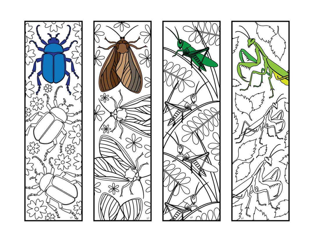 Insect 2 Bookmarks - PDF Coloring Page - Beetle, Moth, Grasshopper ...