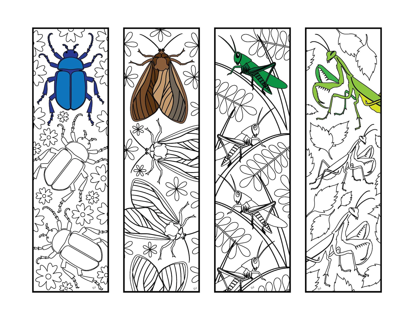 Insect 2 Bookmarks - PDF Coloring Page - Beetle, Moth, Grasshopper ...