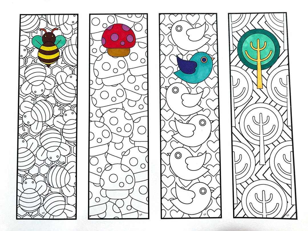 Cute Nature Bookmarks - PDF Coloring Page - Bee, Mushroom, Bird, Tree ...