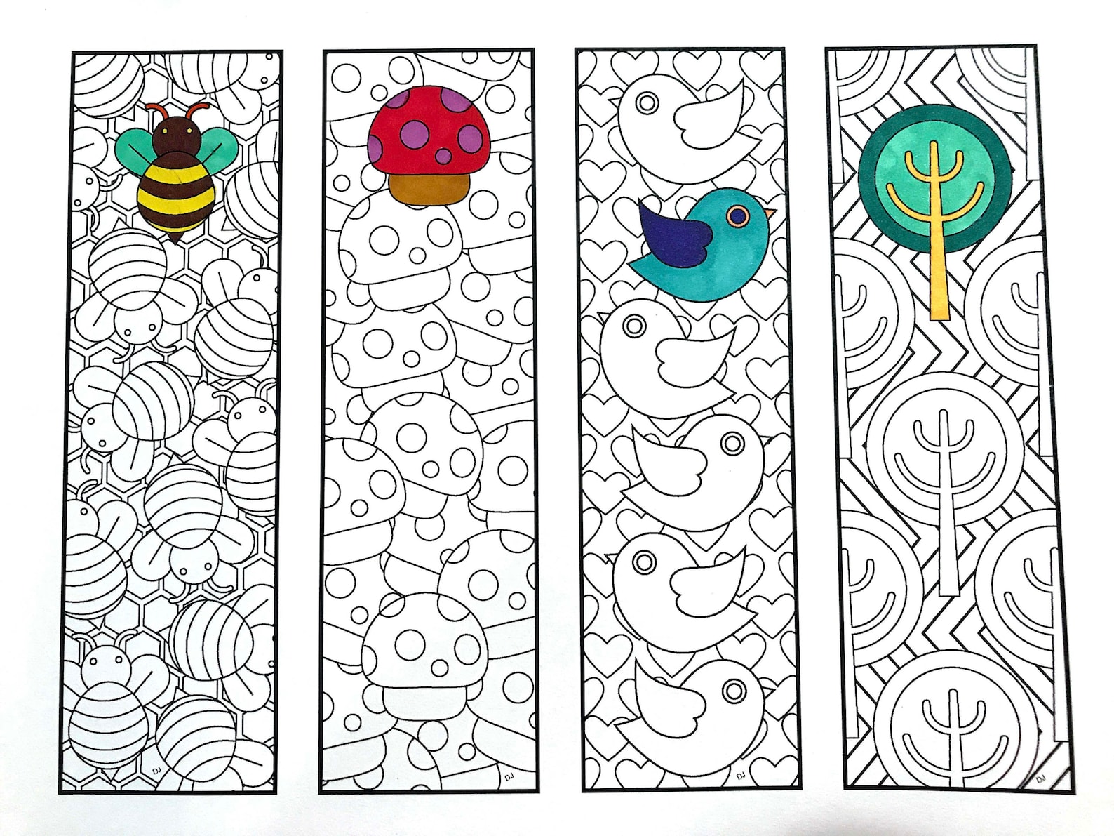 Cute Nature Bookmarks - PDF Coloring Page - Bee, Mushroom, Bird, Tree ...