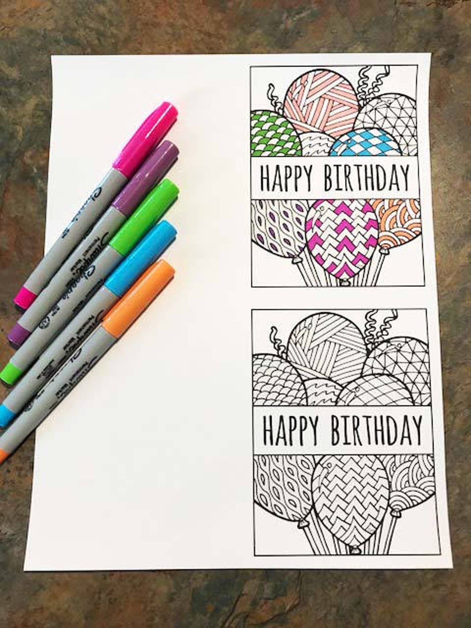 Happy Birthday Card With Balloons Printable PDF Coloring - Etsy