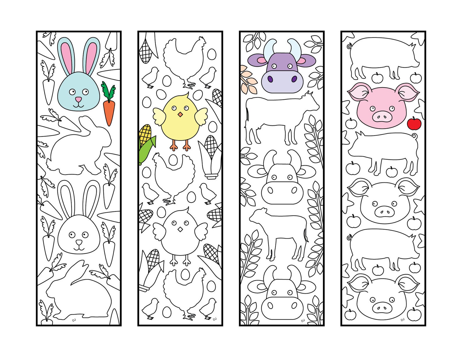 Cute Farm Animal Bookmarks - PDF Coloring Page - Bunny, Chicken, Cow ...