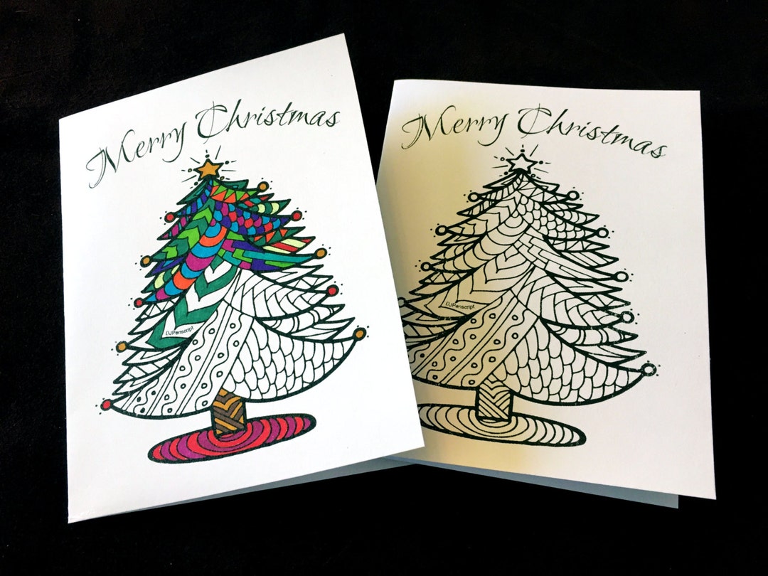 Merry Christmas Greeting Card With Tree PDF Zentangle Coloring Page - Etsy