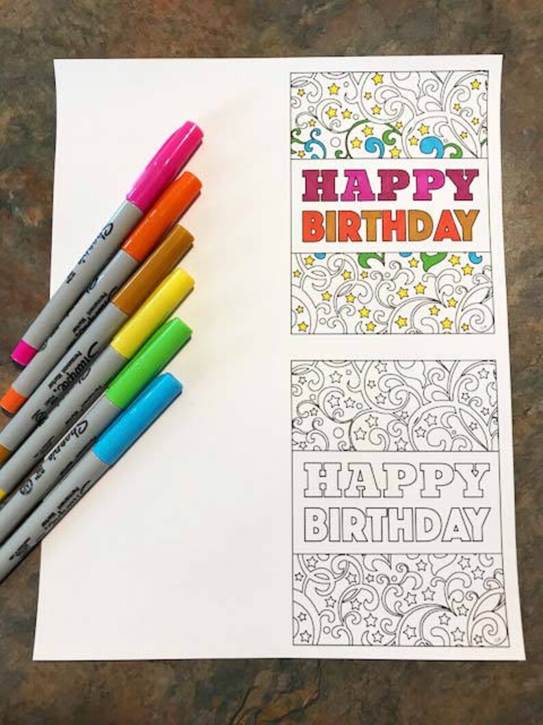 Happy Birthday Card With Swirls and Stars - Printable PDF Coloring Page ...