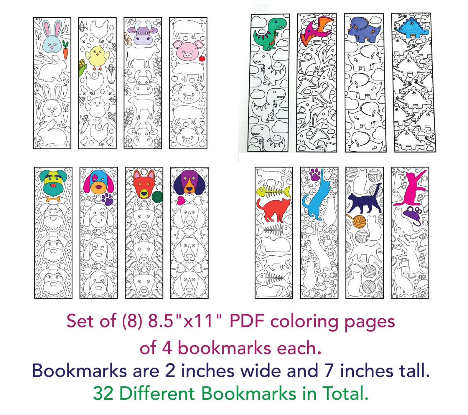 Cute Animal Bookmark SET 8 PDF Coloring Pages | Etsy
