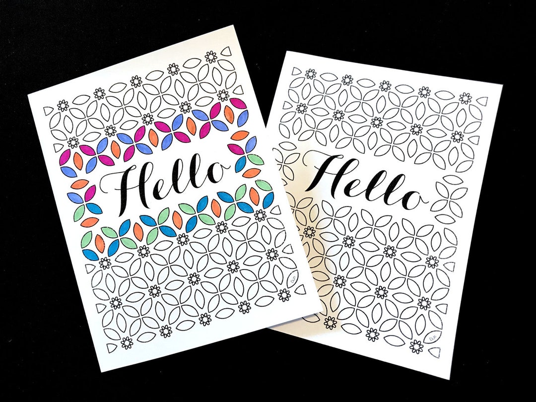 Hello Card With Flowers - Printable PDF Coloring Page - Etsy
