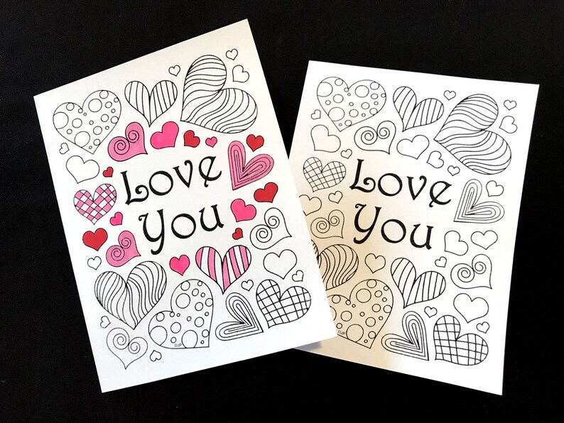 Love You Card With Hearts - Printable PDF Coloring Page - Etsy