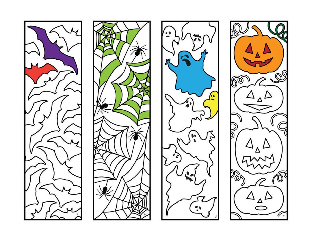Halloween Bookmarks - PDF Coloring Page - Bat, Spider, Ghost, Pumpkin ...