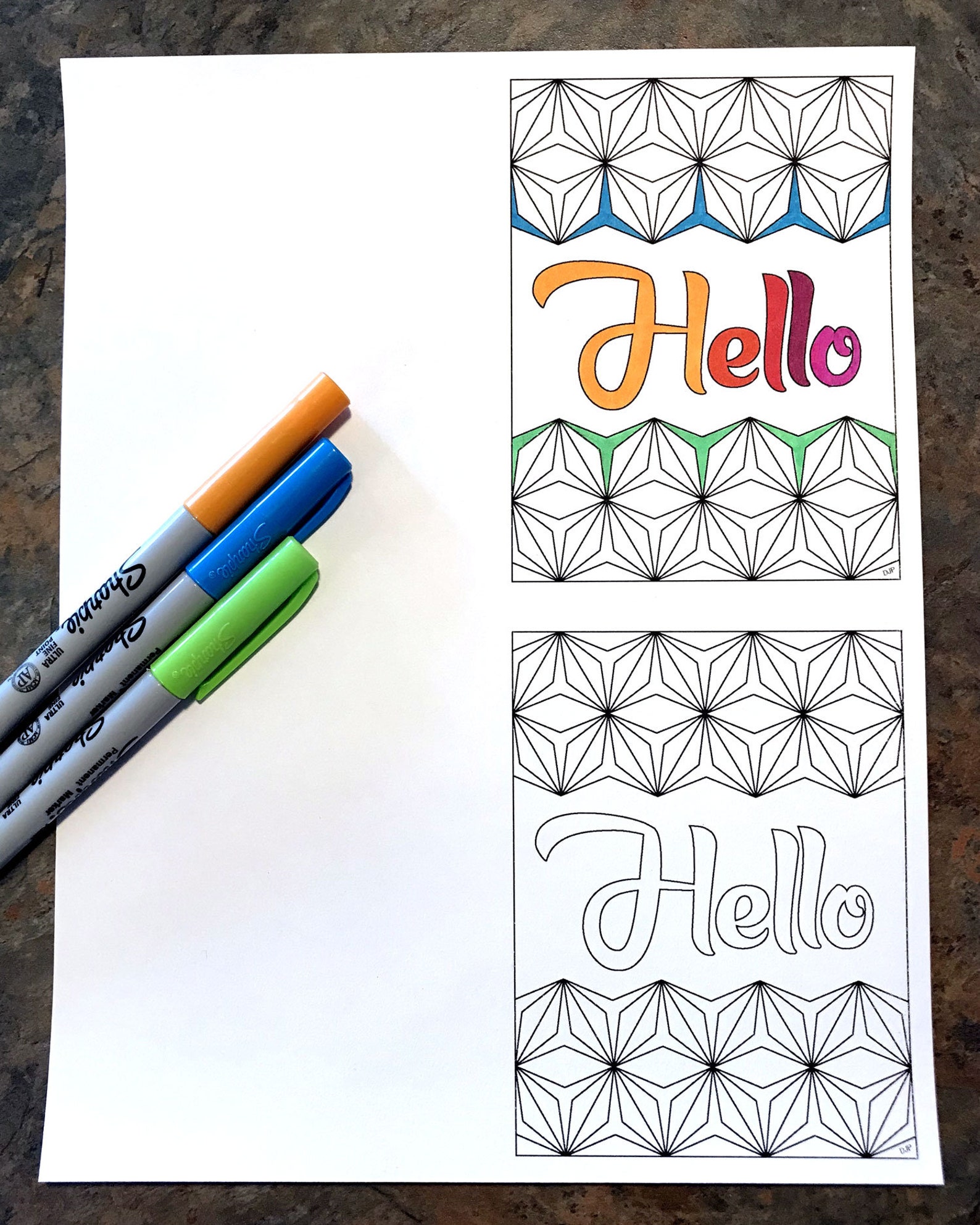 Hello Card with Geometric Designs Printable PDF Coloring | Etsy