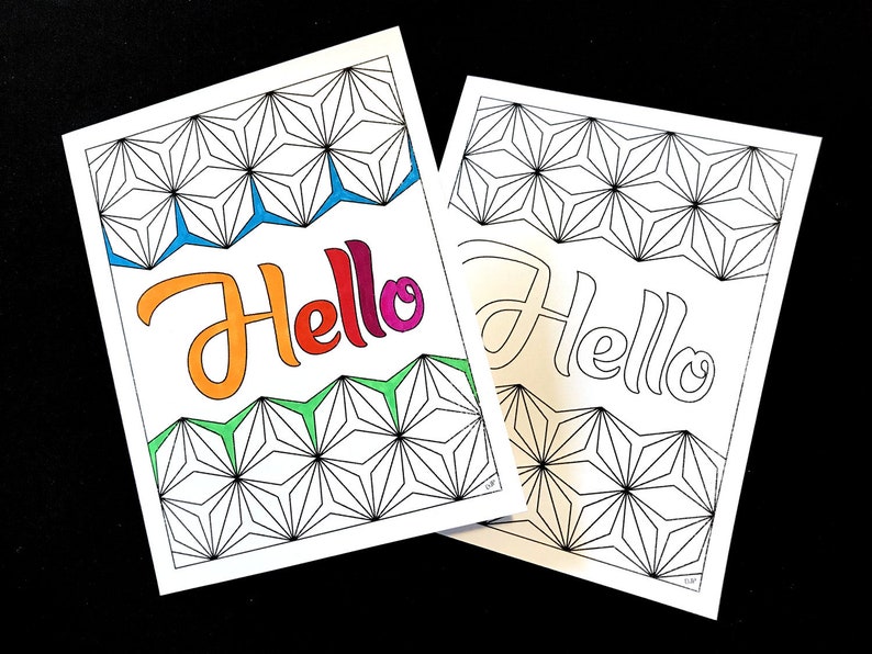 Hello Card With Geometric Designs Printable PDF Coloring - Etsy