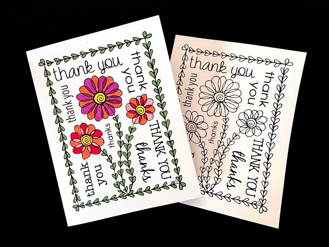 Cute Flowers Thank You Card - Printable PDF Coloring Page - Etsy