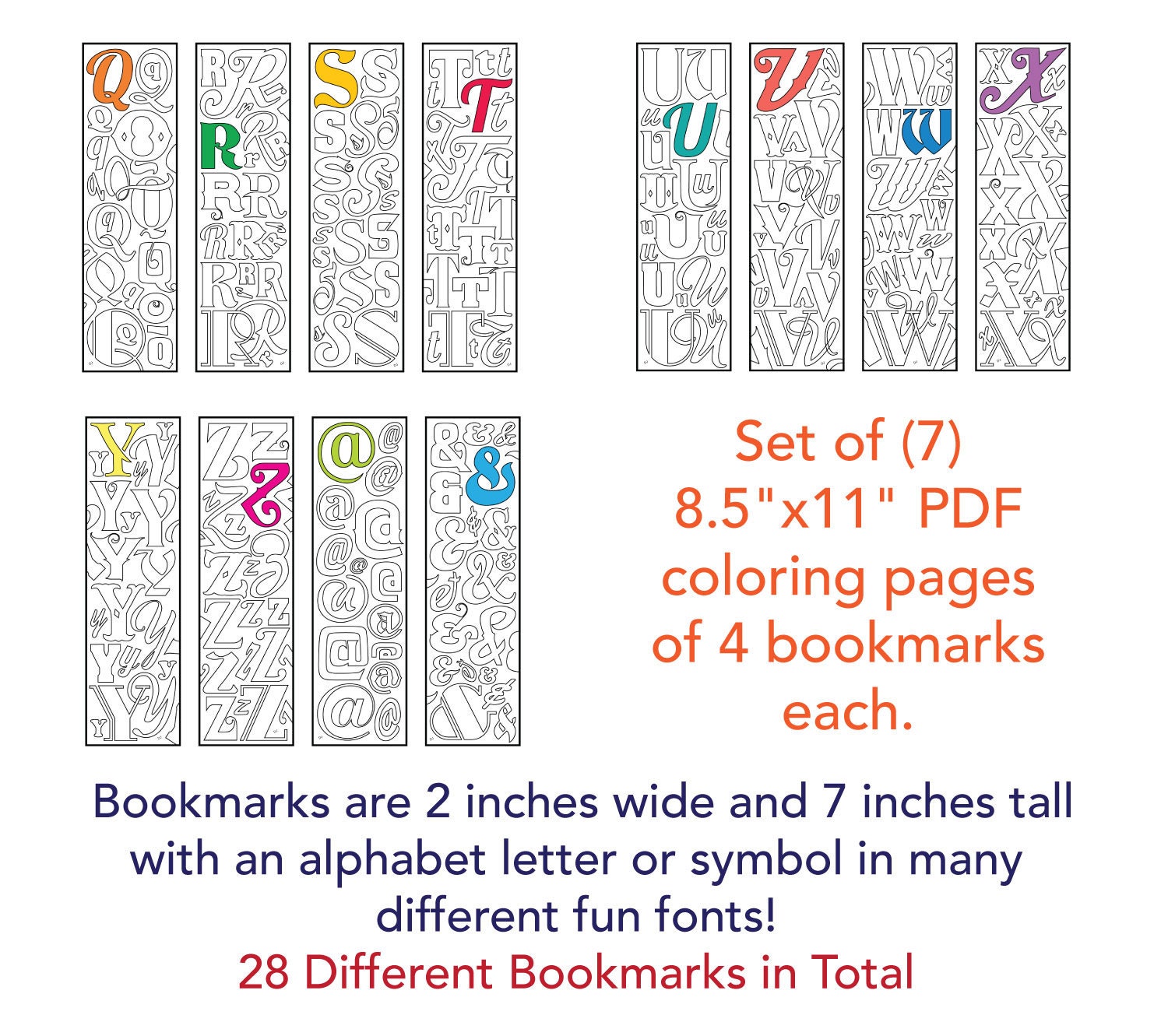 Alphabet Letter Bookmarks Set of 7 PDF Coloring Pages | Etsy