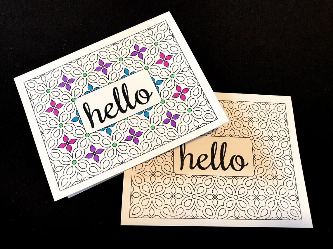 Hello Card With Geometric Flower Patterns - Printable PDF Coloring Page ...
