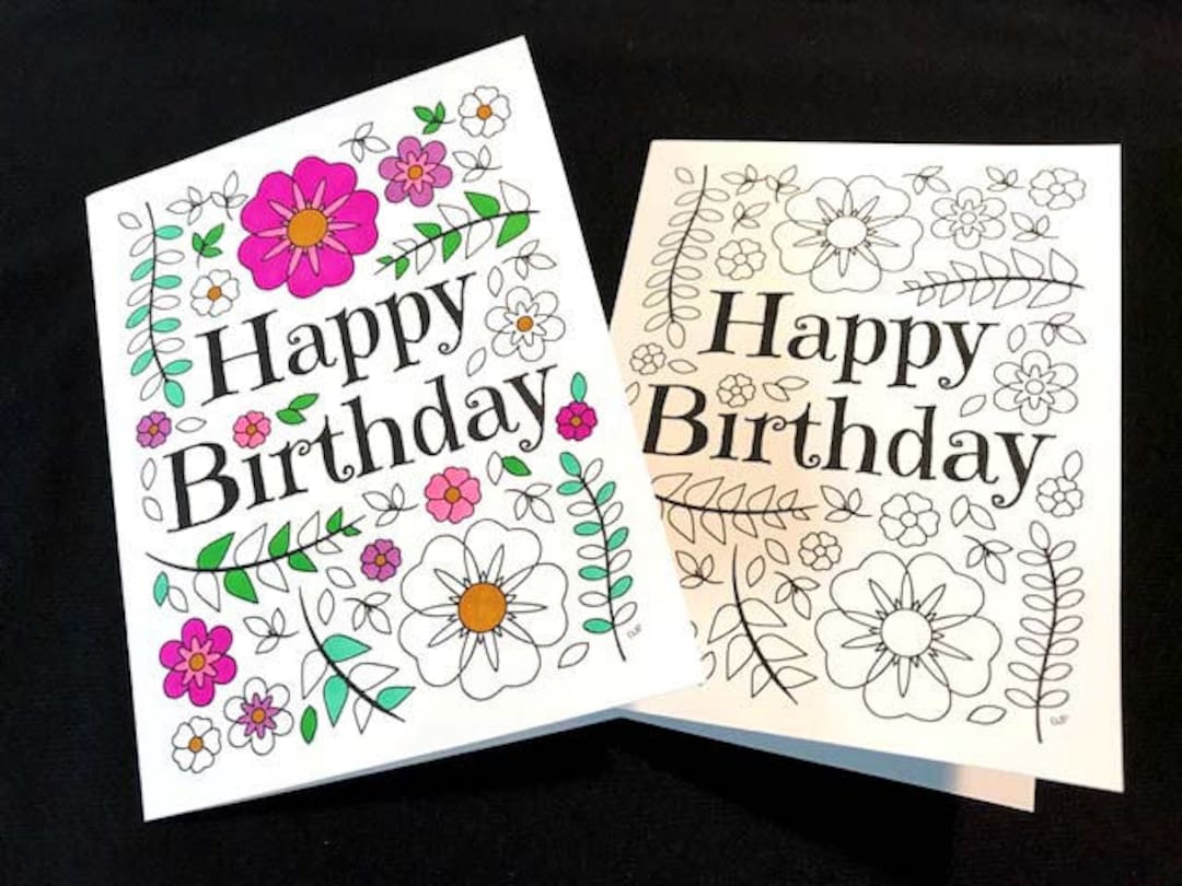 Happy Birthday Card With Flowers and Leaves - Printable PDF Coloring ...