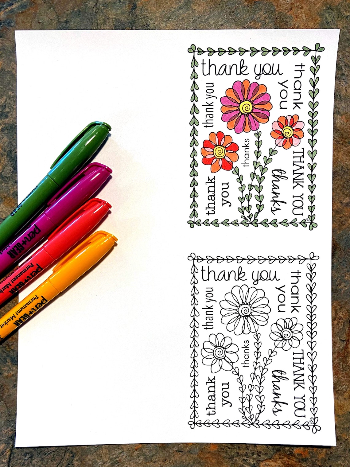 Cute Flowers Thank You Card Printable PDF Coloring Page - Etsy