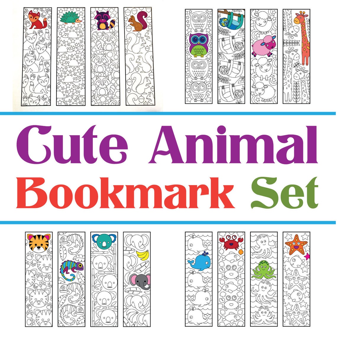 Cute Animal Bookmark SET 8 PDF Coloring Pages | Etsy