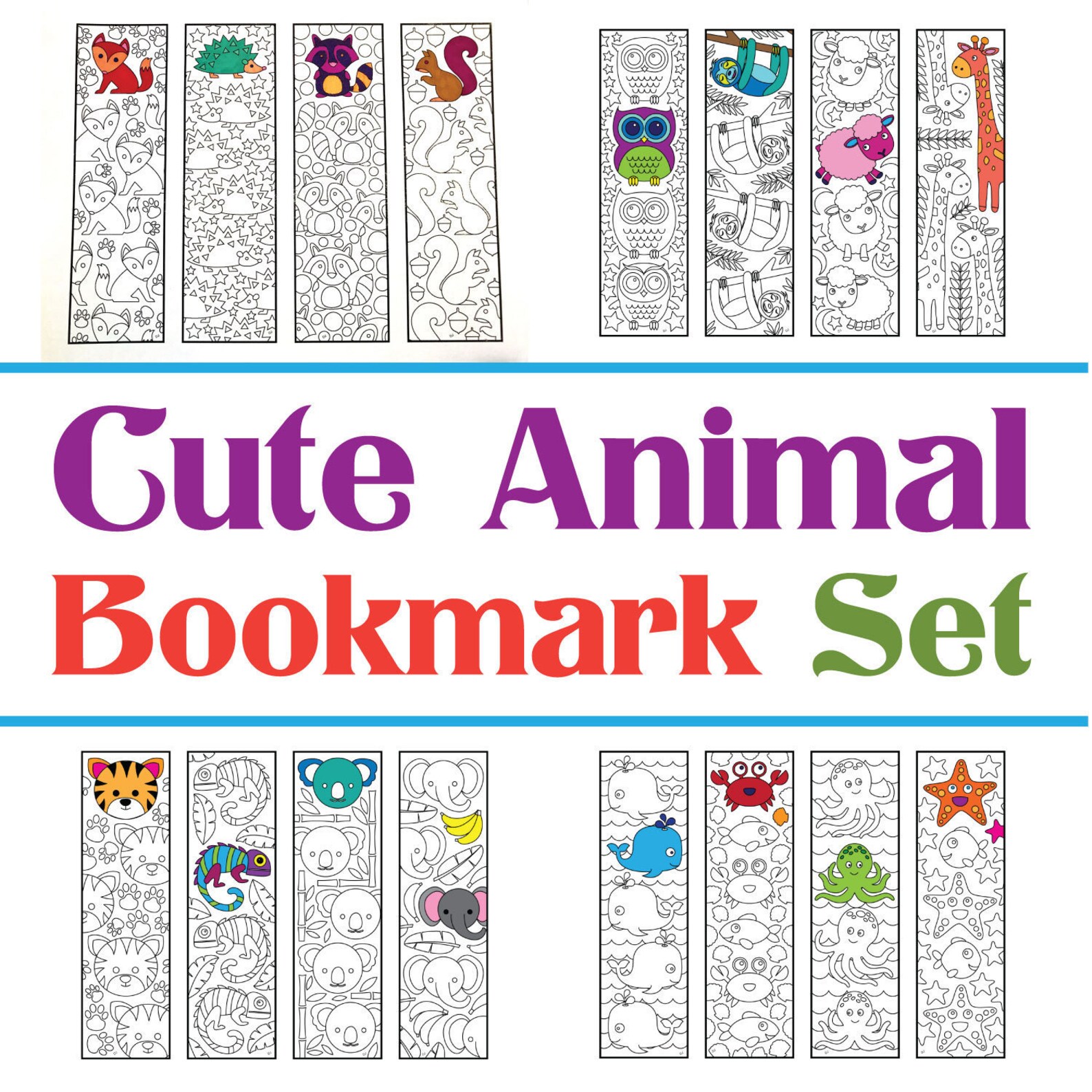 Cute Animal Bookmark SET 8 PDF Coloring Pages | Etsy