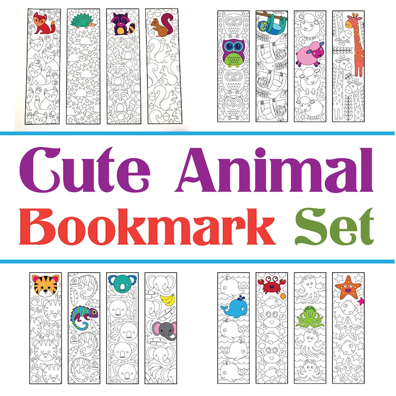 Cute Animal Bookmark SET 8 PDF Coloring Pages | Etsy