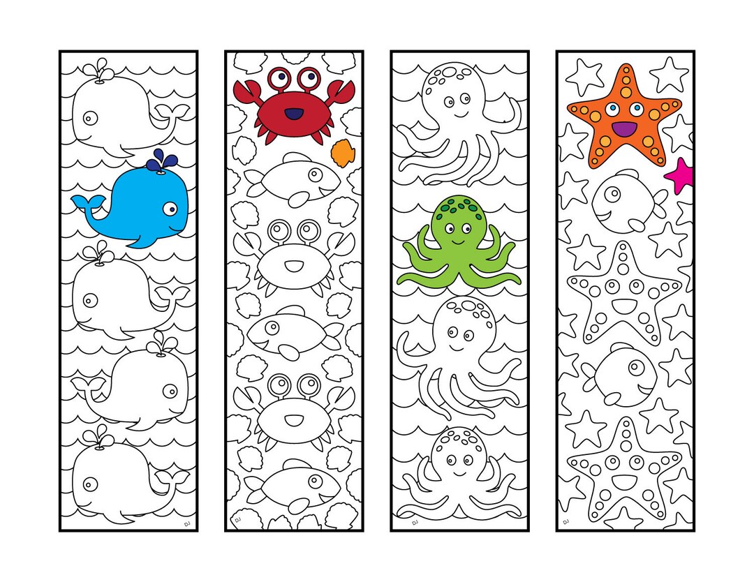 Cute Sea Animal Bookmarks - PDF Coloring Page - Whale, Crab, Octopus ...